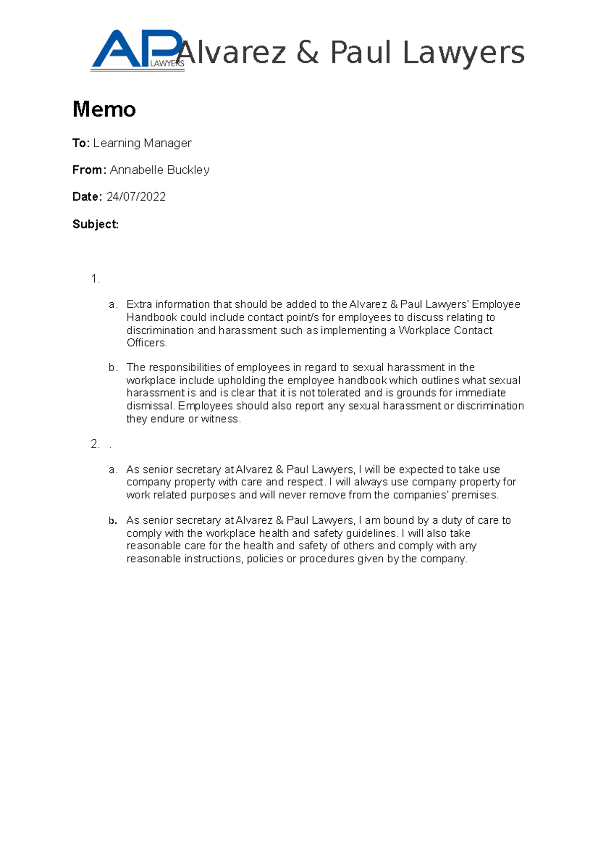 Assessnent 1 - Memo - asdfgh - Alvarez & Paul Lawyers Memo To: Learning ...