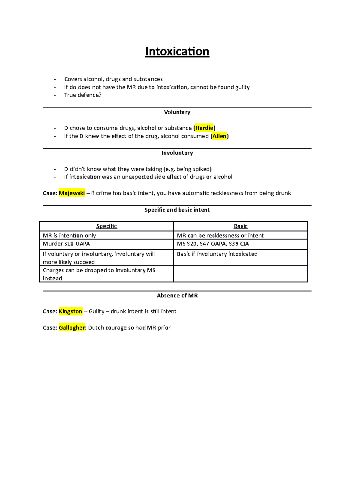 Intoxication - Lecture notes 1 - Intoxication - Covers alcohol, drugs ...
