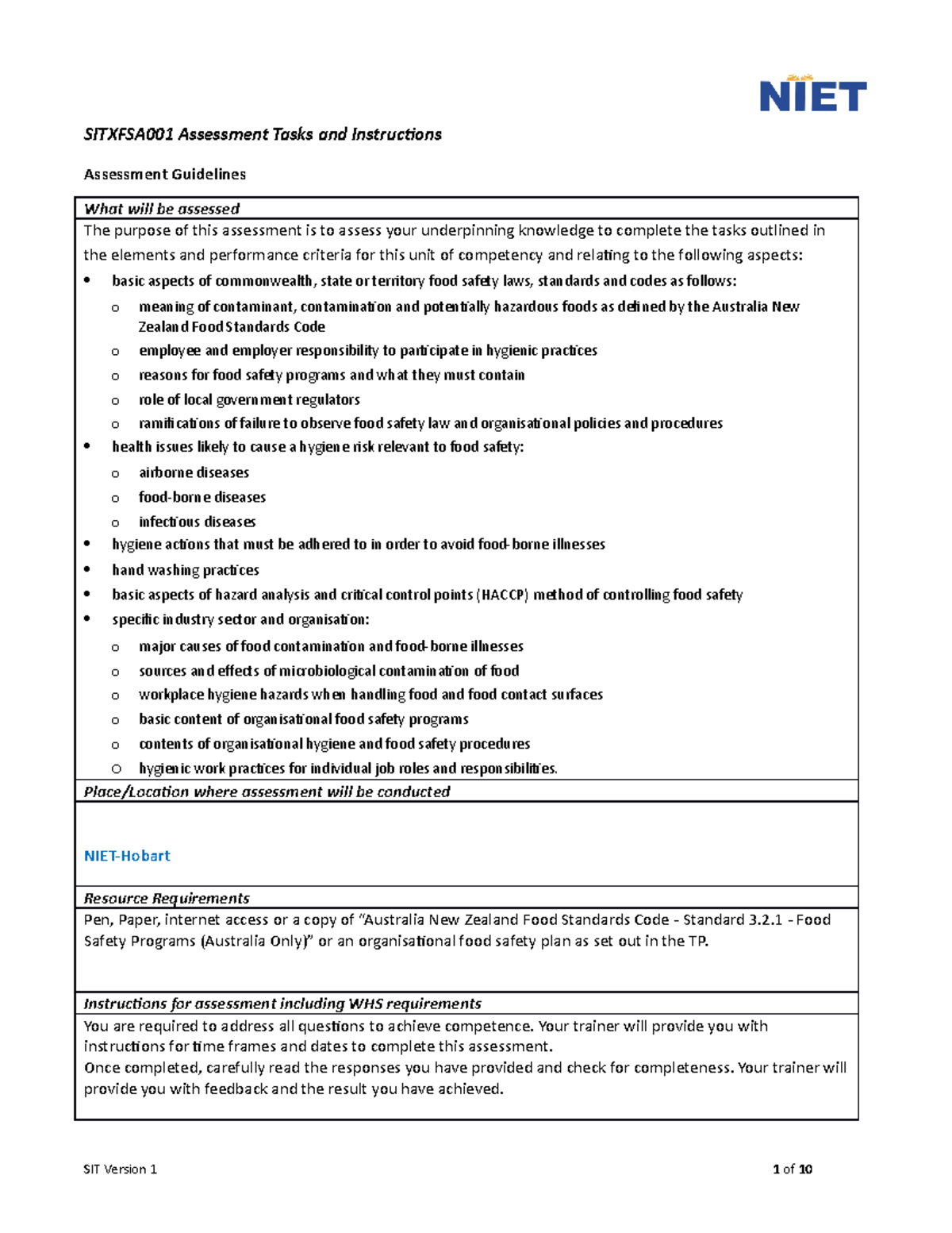 Sitxfsa 001 Assessment 1 - Short answers - SITXFSA001 Assessment Tasks ...