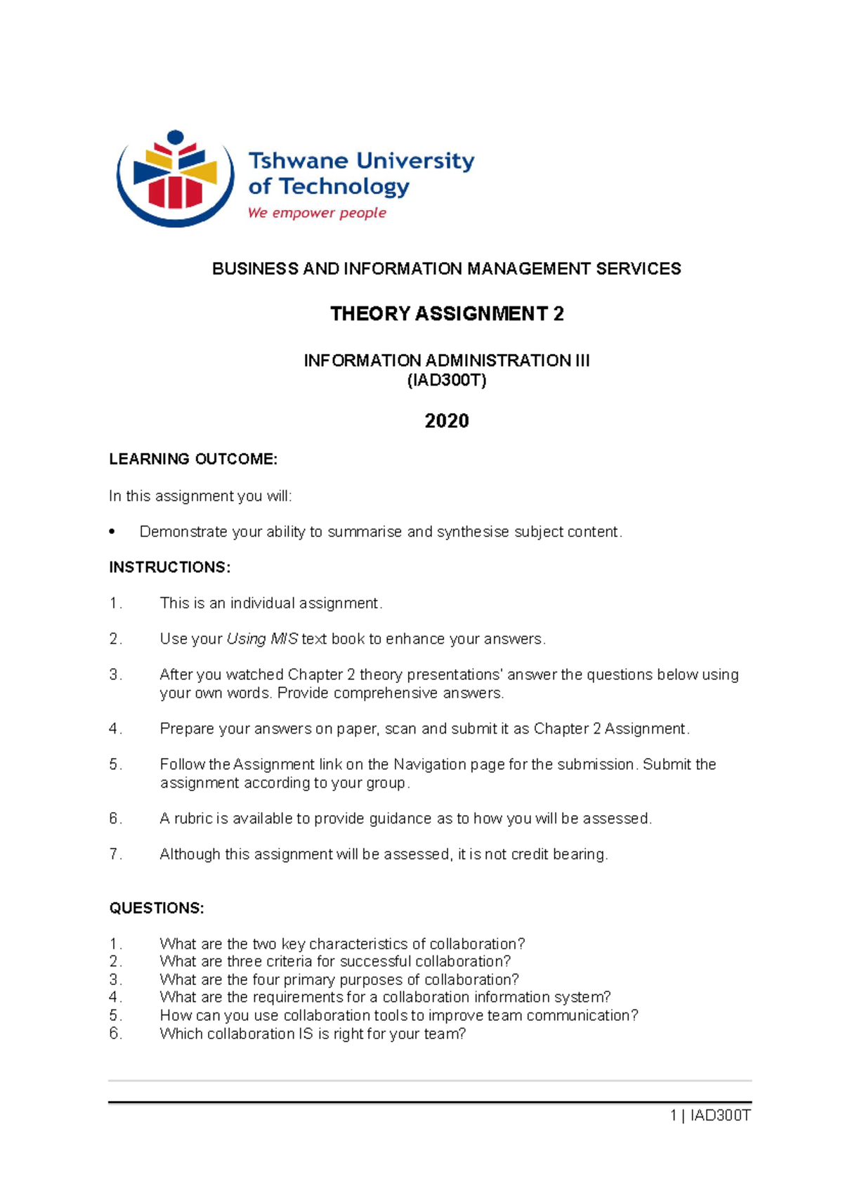 Chapter 2 Assignment - BUSINESS AND INFORMATION MANAGEMENT SERVICES ...