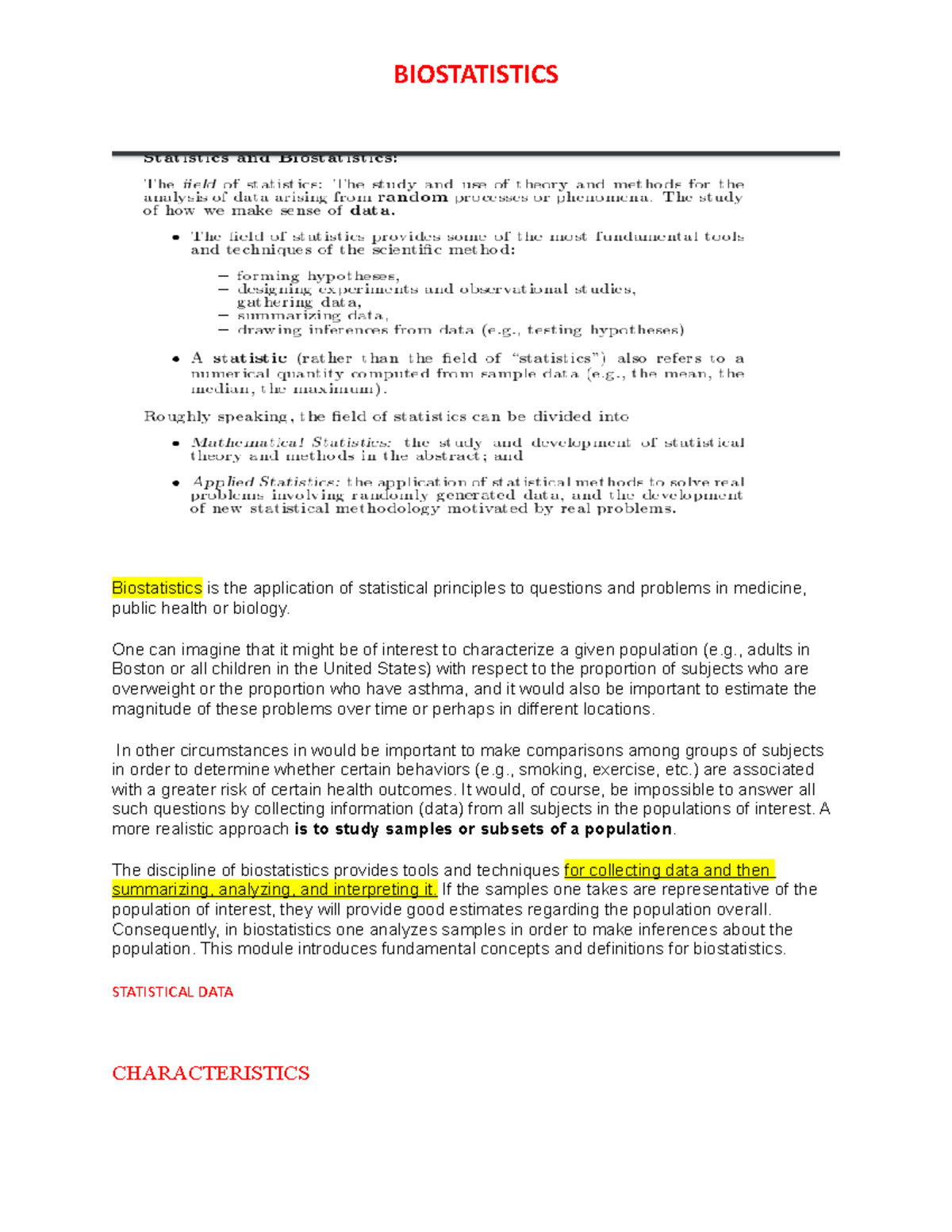 Biostatistics Lecture Notes 2 Biostatistics Is The Application Of Statistical Principles To 