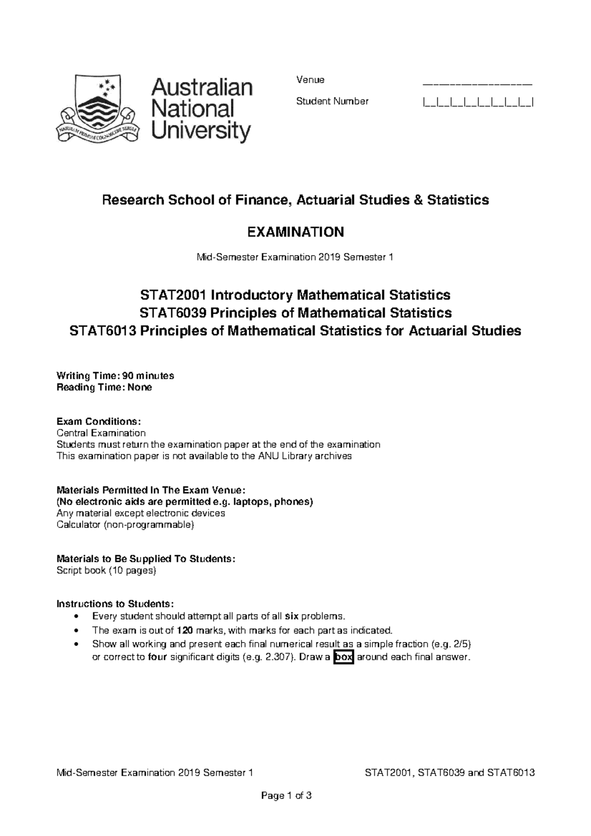 Exam January 2019, questions - Mid-Semester Examination 2019 Semester 1 ...