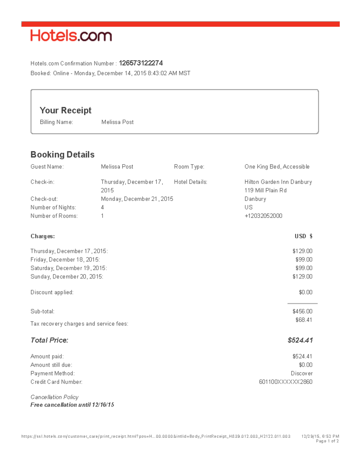 Hotel Receipt - House Hunting Trip - Hotels Confirmation Number ...