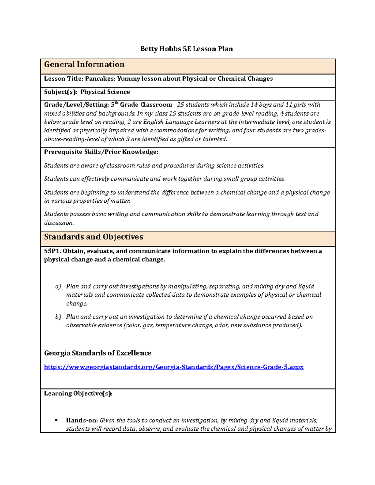 Betty Hobbs Elementary Science Methods 5E Lesson Plan - Betty Hobbs 5E ...