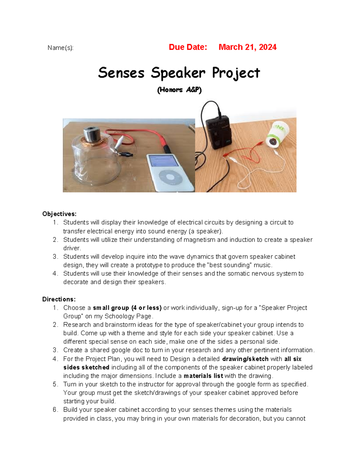 Speaker Project Requirements A P - Name(s): Due Date: March 21, 2024 ...