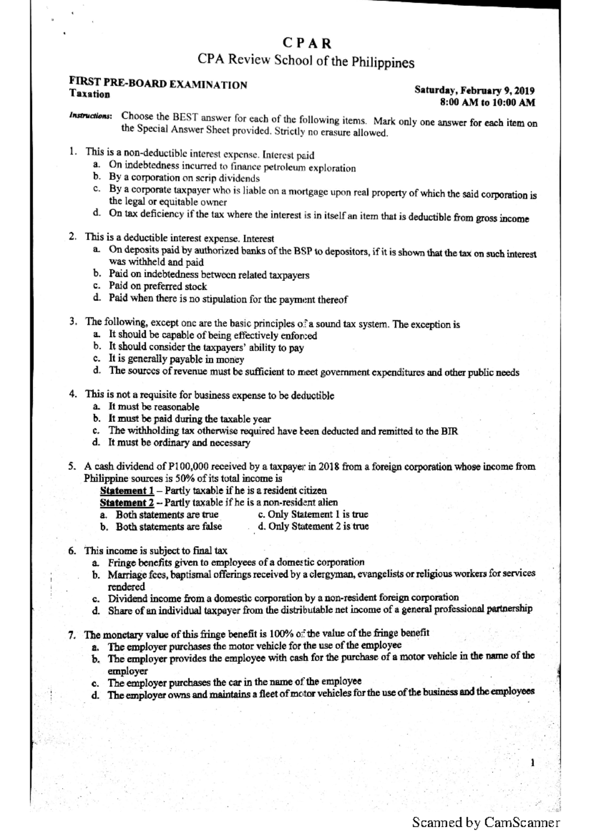 CPAR 85 1ST Preboards Taxation- To input - CPAR CPA Review School of ...