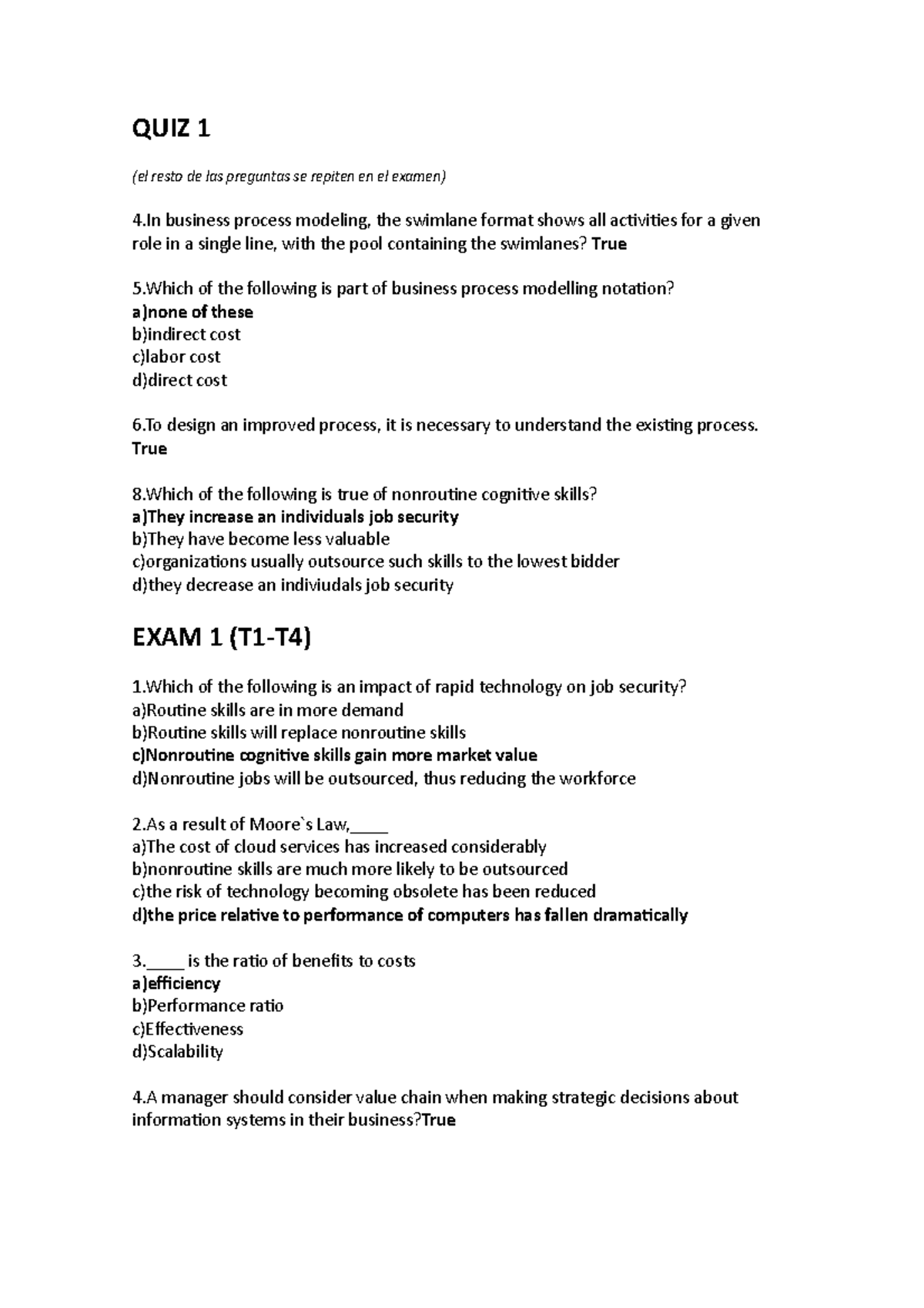 Exam 1 ISM - Exam 1 - QUIZ 1 (el resto de las preguntas se repiten en el examen) 4 business ...