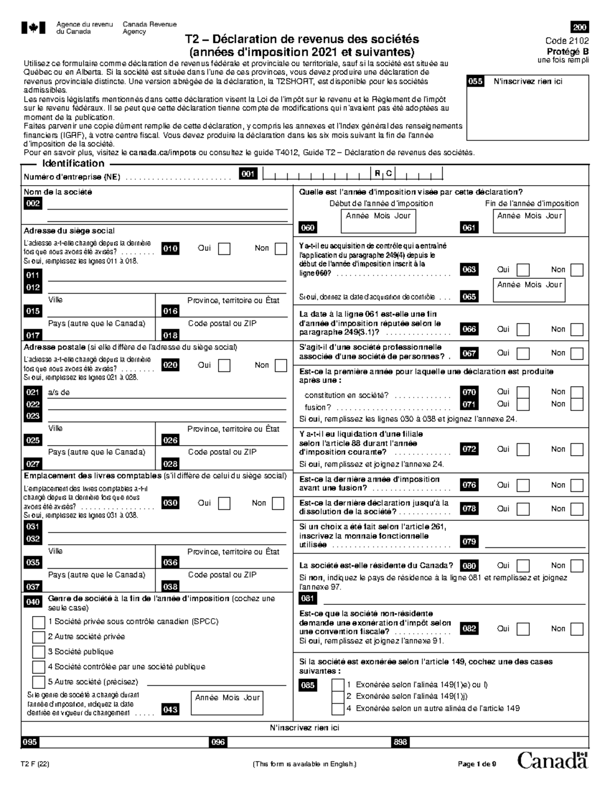T2-22f - fiscalite - 200 Code 2102 Protégé B une fois rempli T2 ...