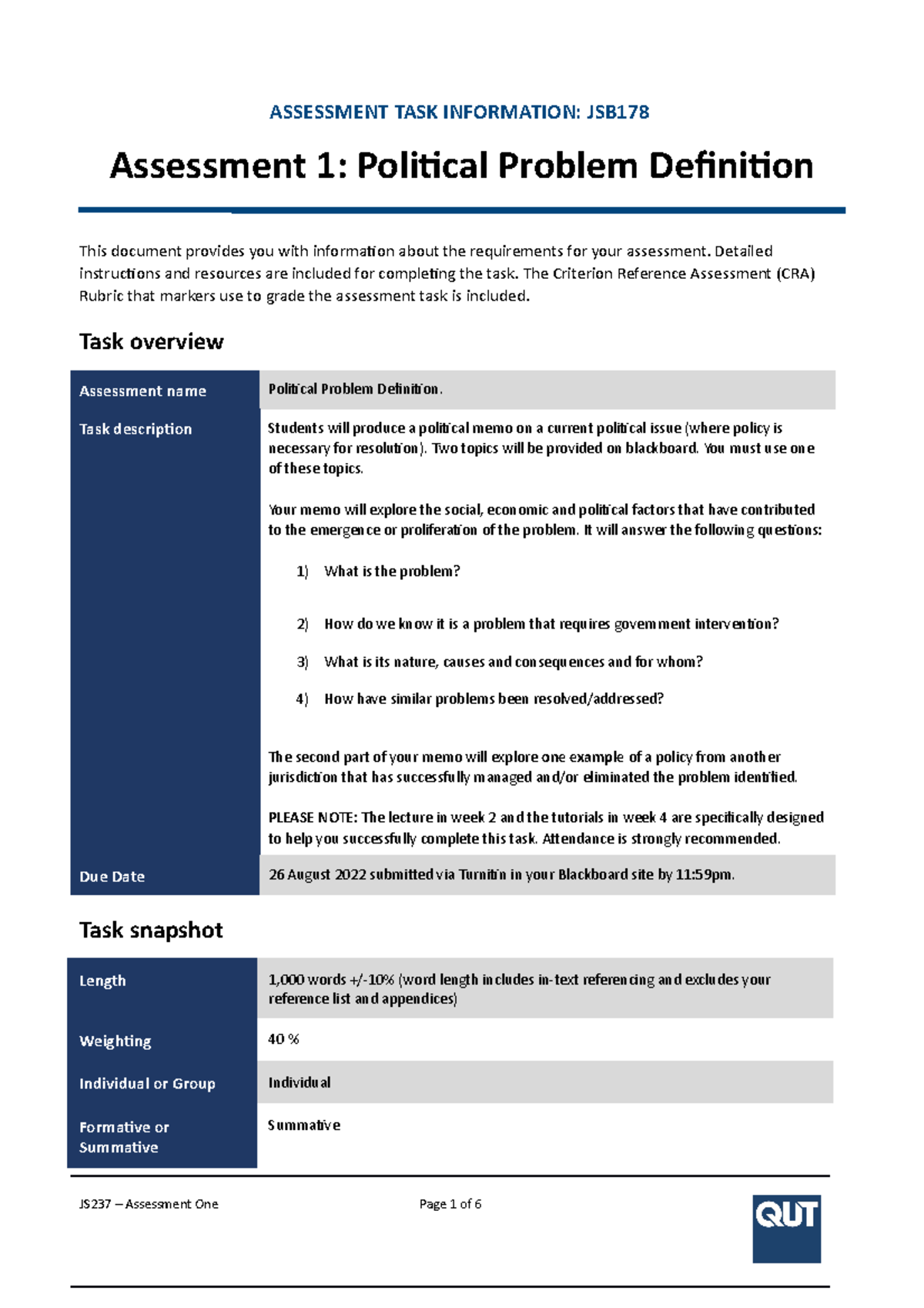 JSB178 Assessment One Political Problem Definition - ASSESSMENT TASK ...