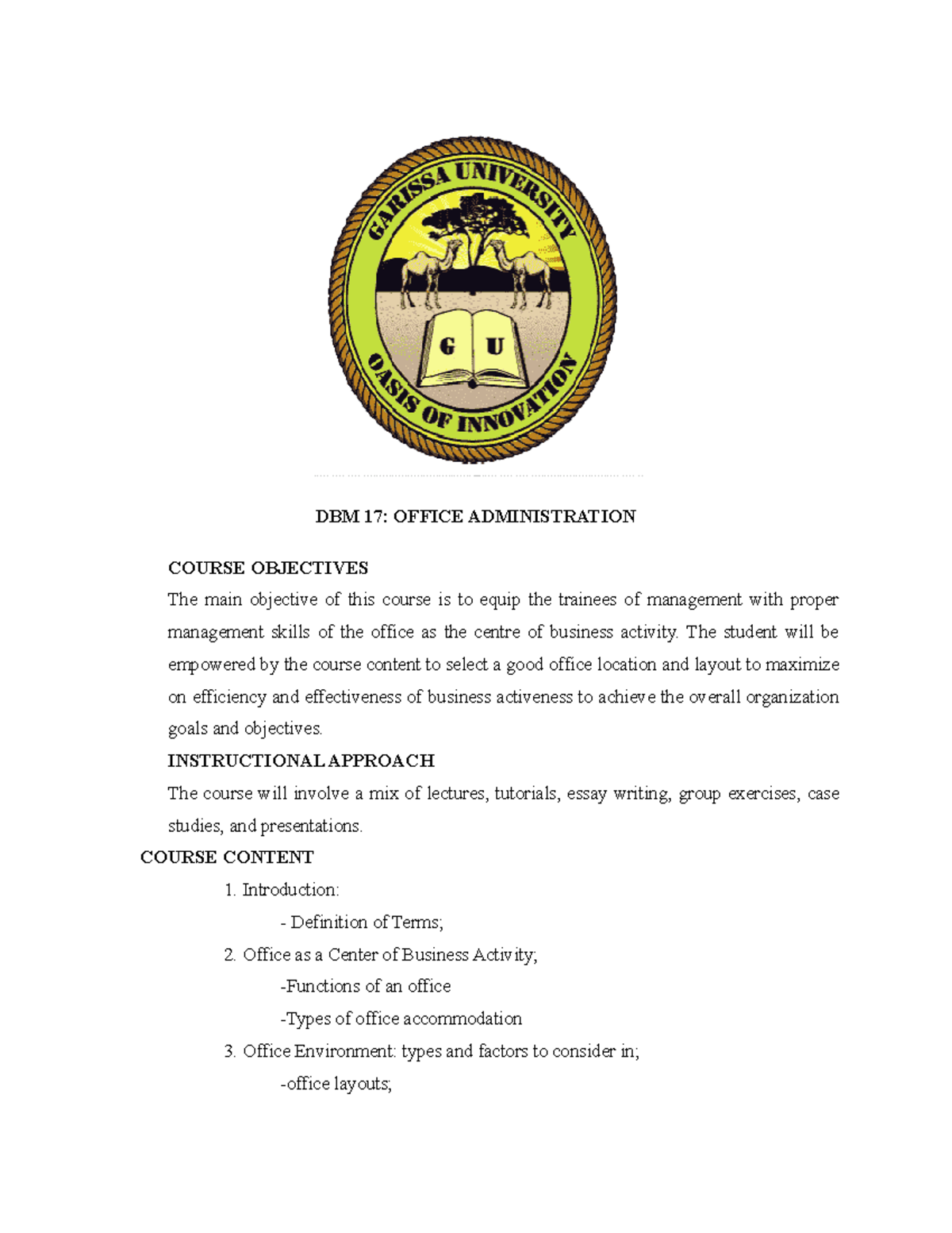 DBM 17 Office Administration Introductory Notes - DBM 17: OFFICE ...