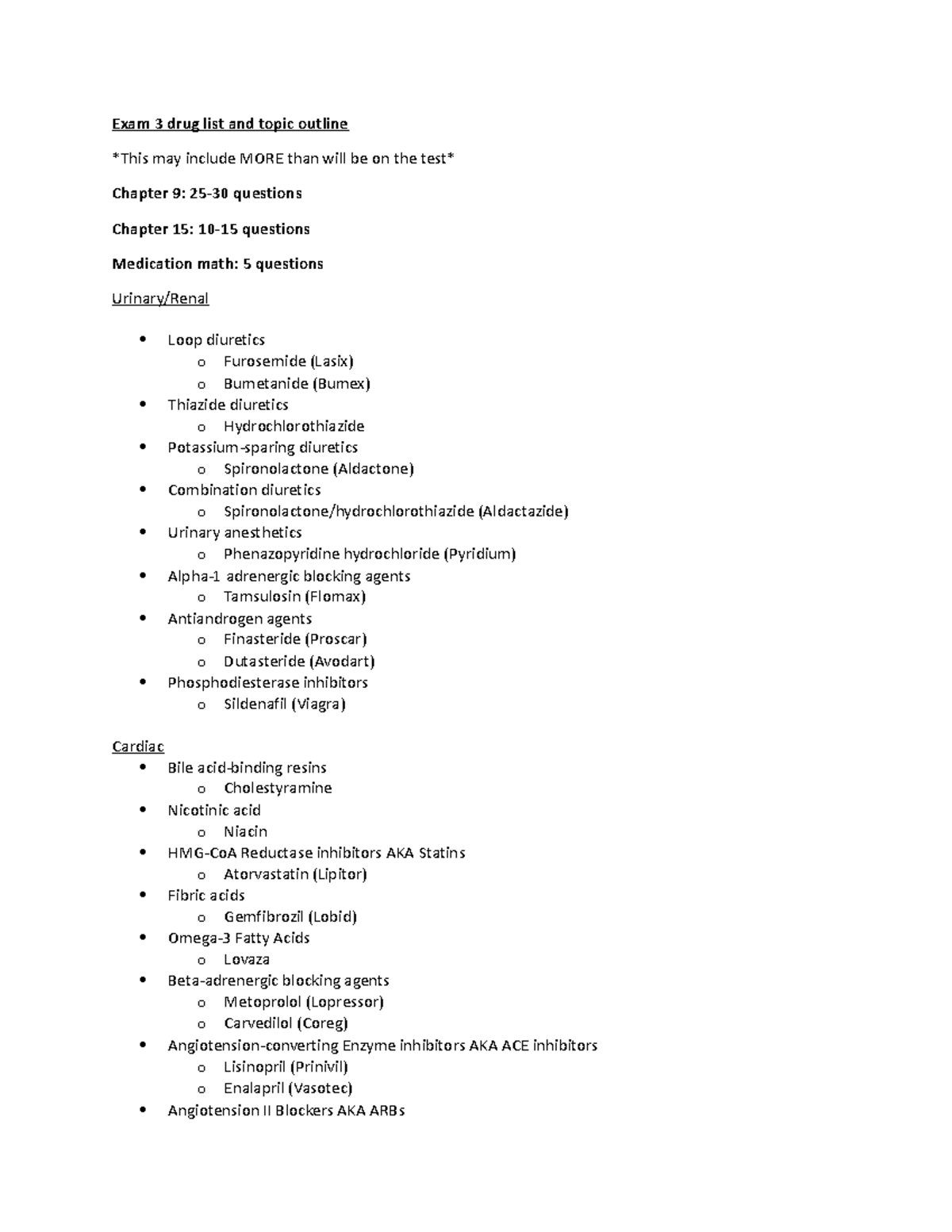 Exam 3 drug list and topic outline - Exam 3 drug list and topic outline ...