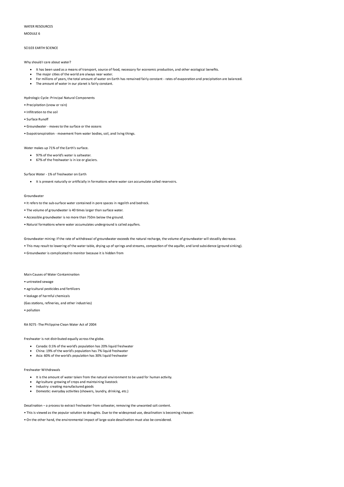 Earth SCI Review - WATER RESOURCES MODULE 6 SCI103 EARTH SCIENCE Why ...