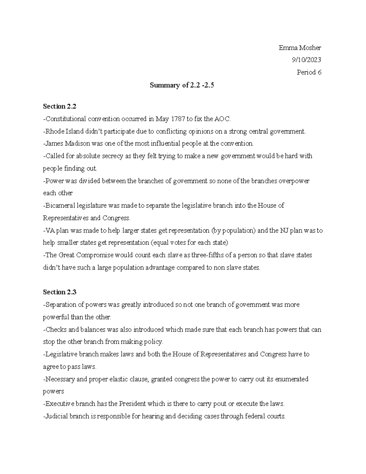 2.2-2.5 Summaries - Emma Mosher 9/10/ Period 6 Summary of 2 -2. Section ...