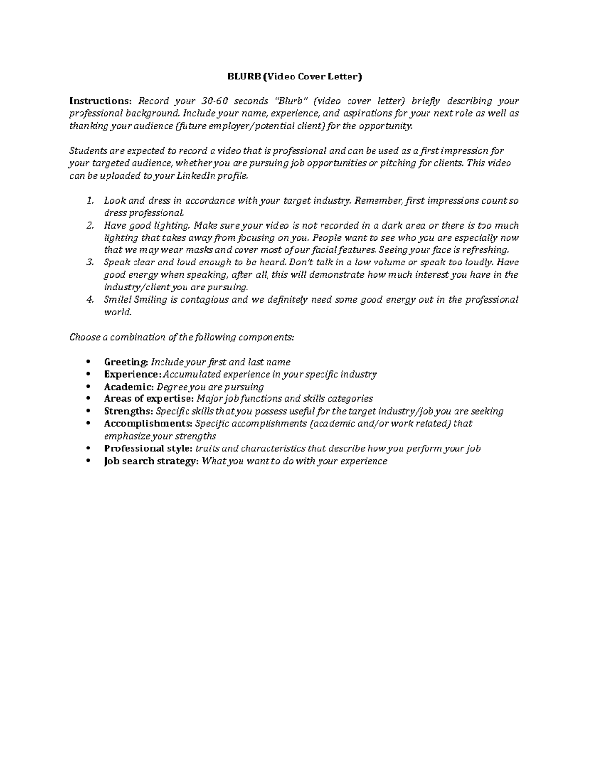 Blurb - BLURB (Video Cover Letter) Instructions: Record your 30-60 ...
