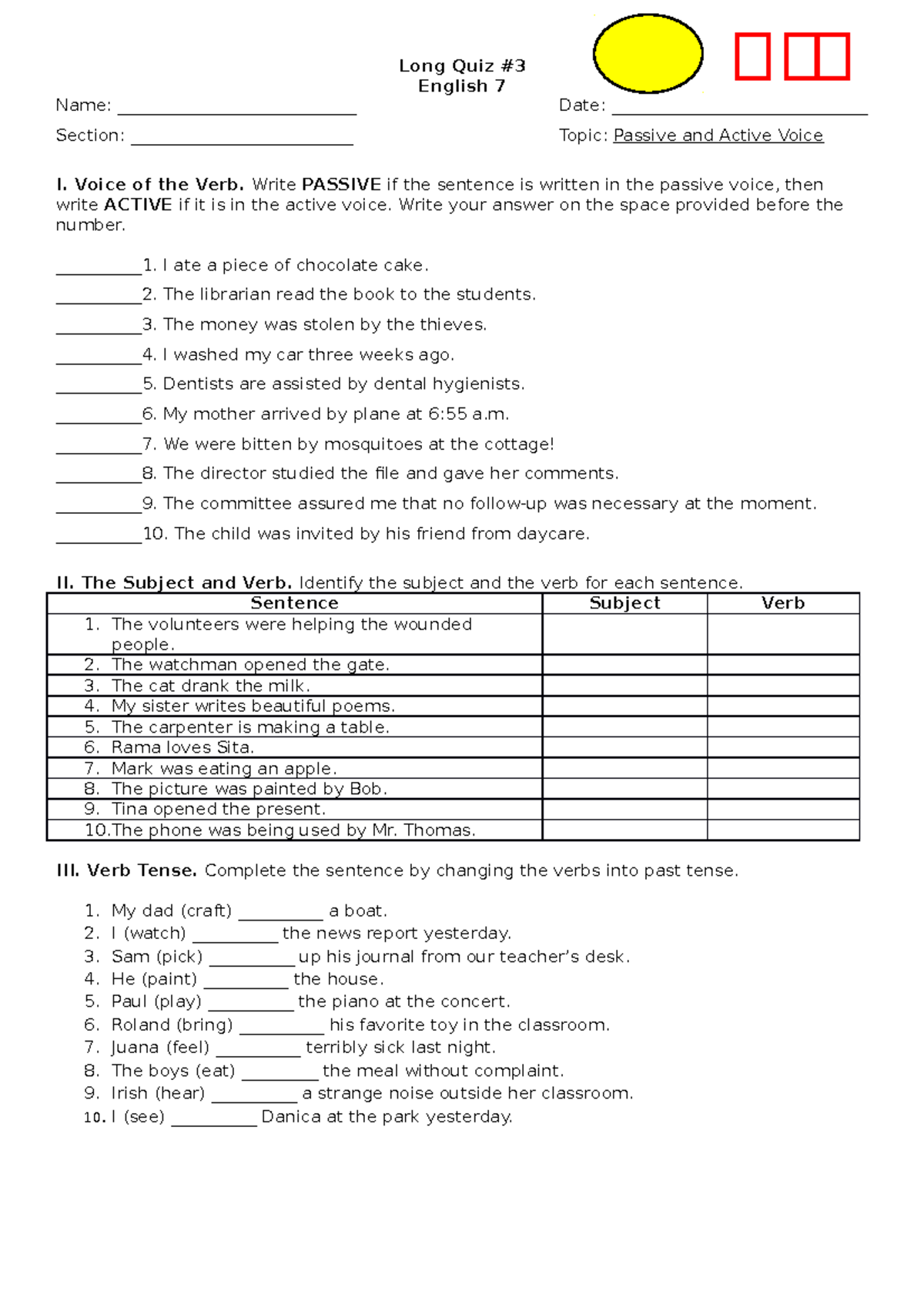 English Long Quiz - Long Test for quarter 1 - Long Quiz # English 7 ...