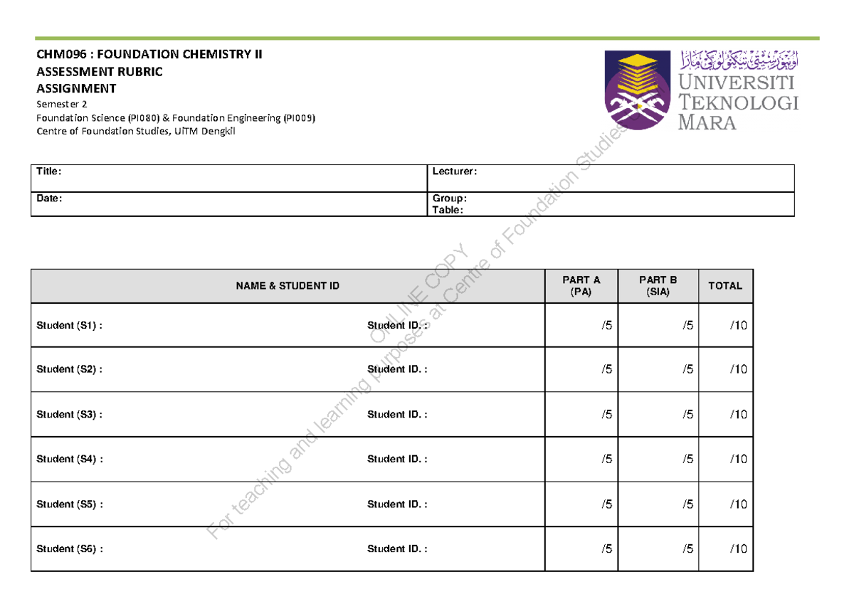 Assessment Rubric - Assignment CHM096 - CHM096 : FOUNDATION CHEMISTRY ...