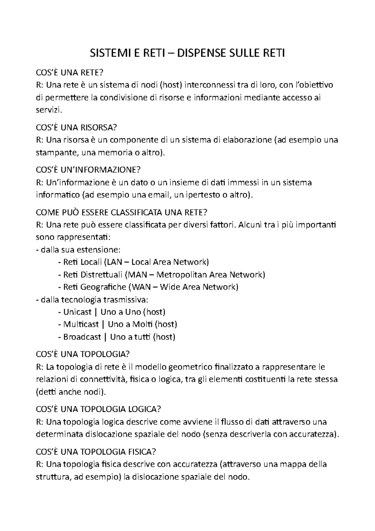 Dispense sulle reti - SISTEMI E RETI – DISPENSE SULLE RETI COS’È UNA ...