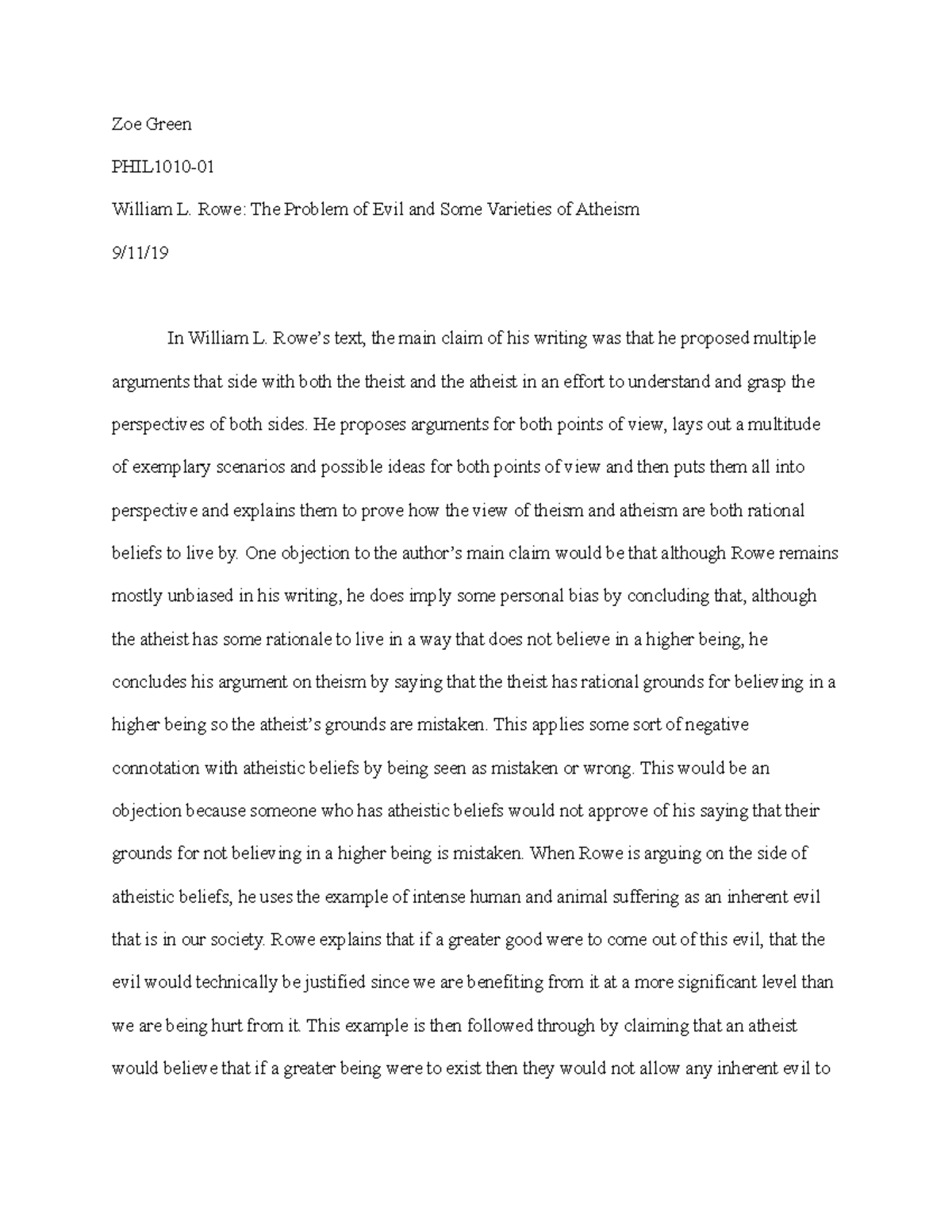 William Rowe's The Problem of Evil Some Varieties of Atheism Response ...