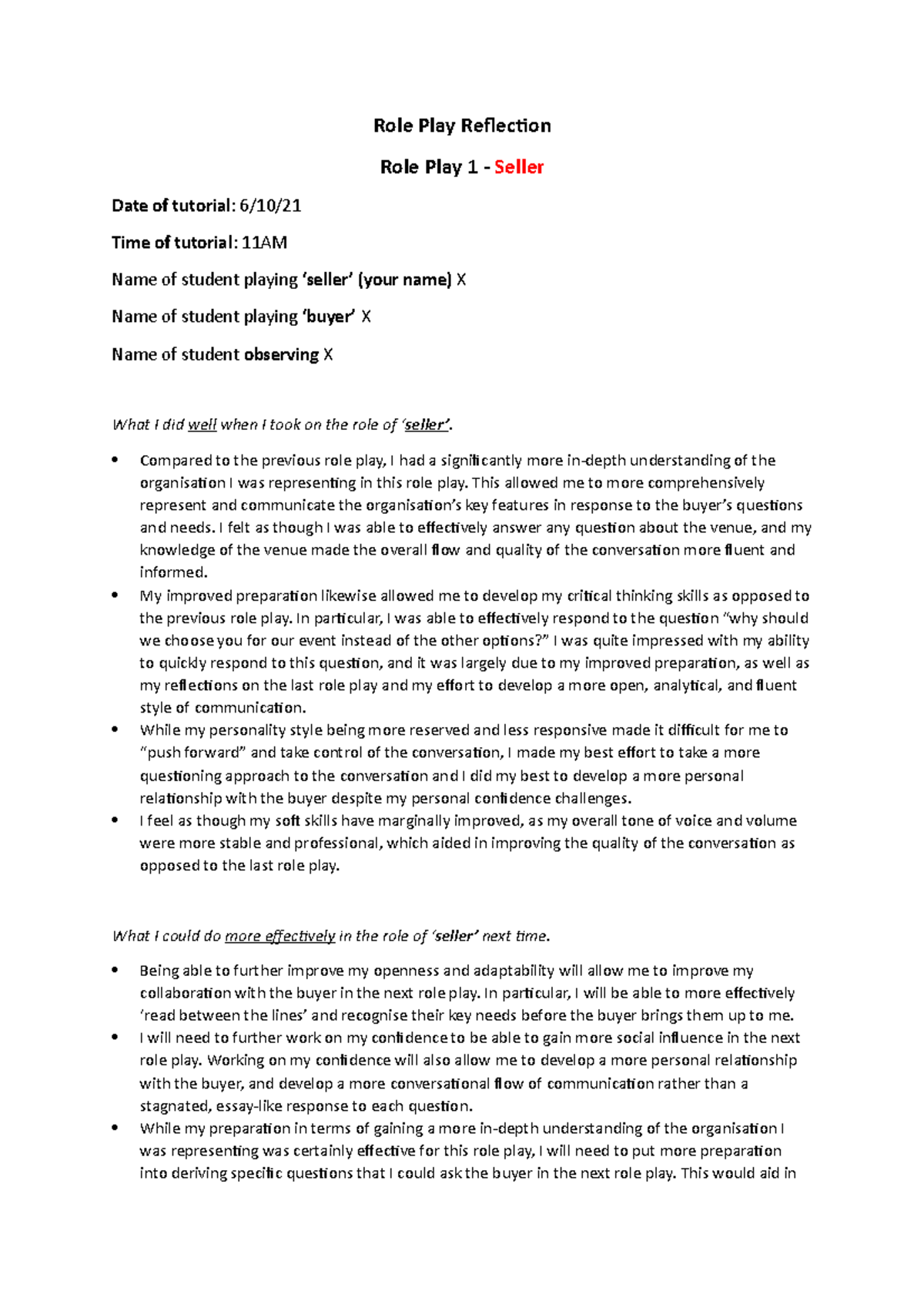 TRVT2002 Role Play Reflections S2 2021 - Role Play Reflection Role Play ...