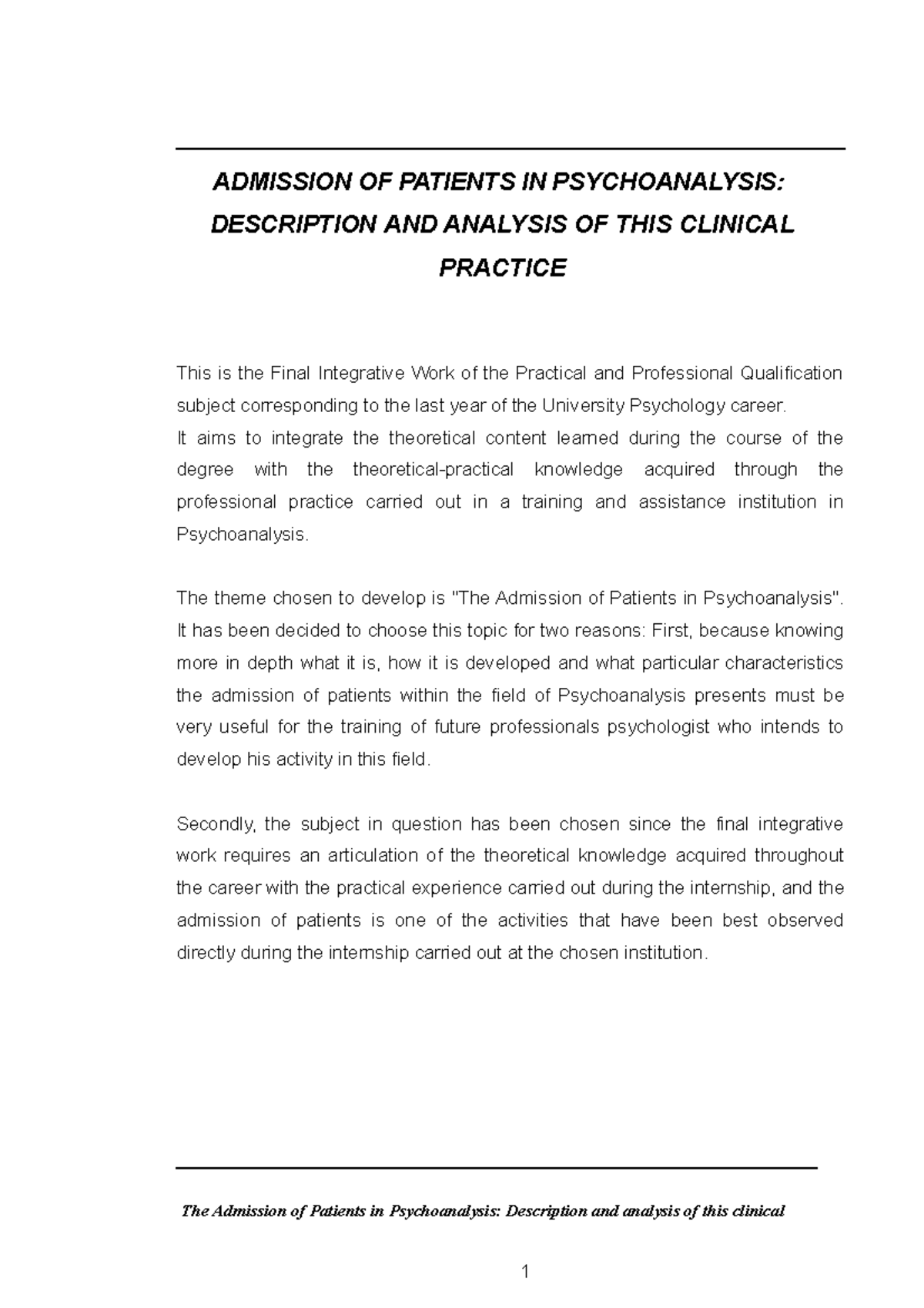 Admission OF Patients IN Psychoanalysis Description AND Analysis OF ...