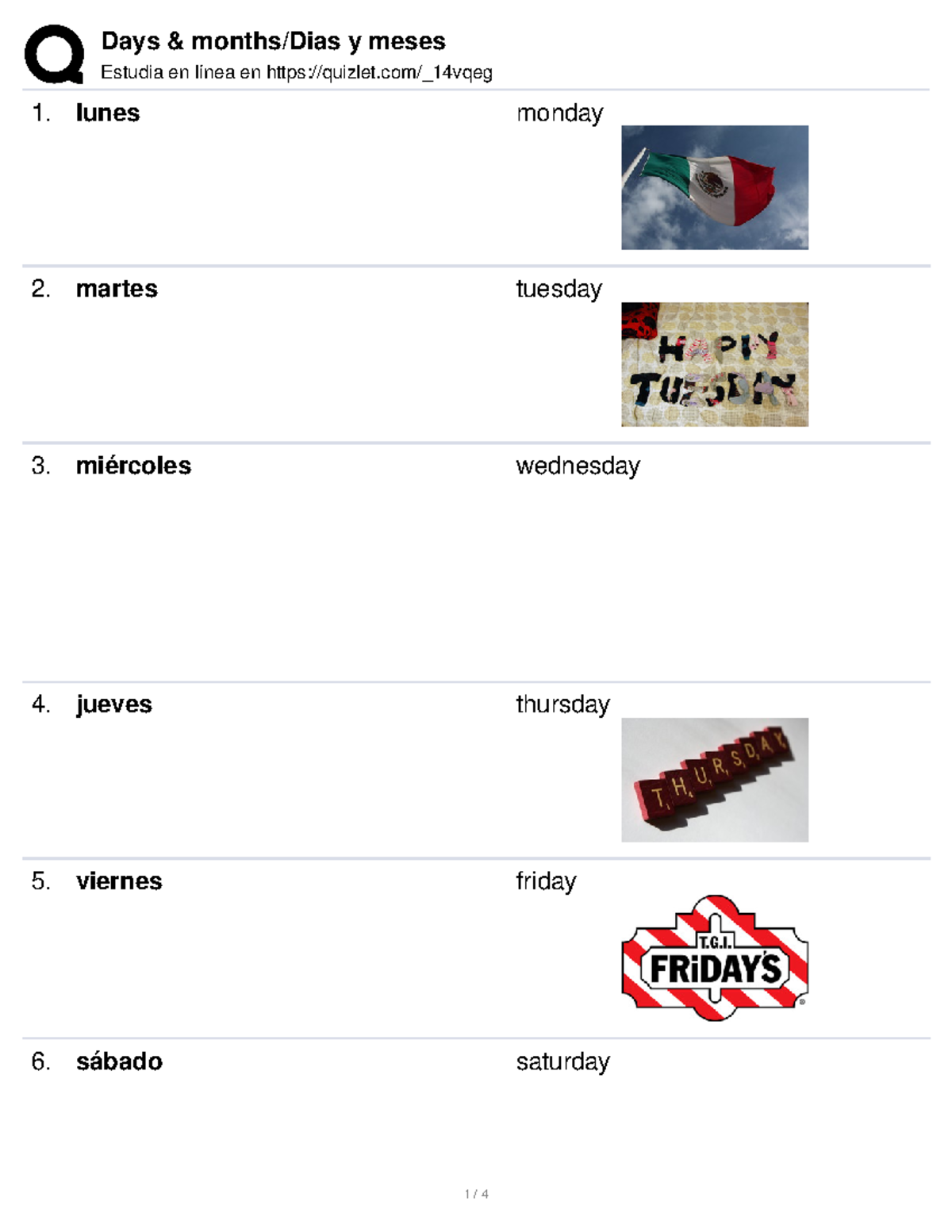 Days & months Dias y meses - Inglés II - Estudia en línea en quizlet ...