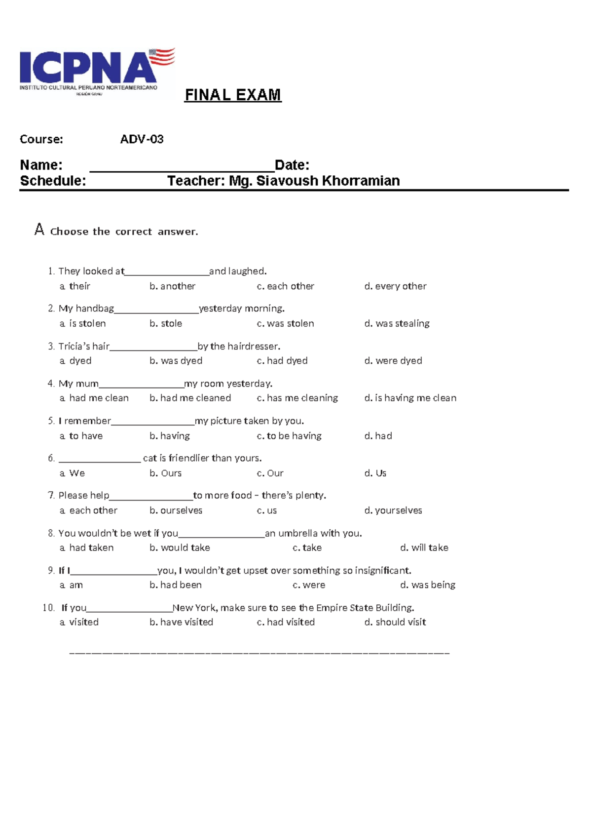 2021-ADV 03- Final EXAM - FINAL EXAM Course: ADV- Name ...