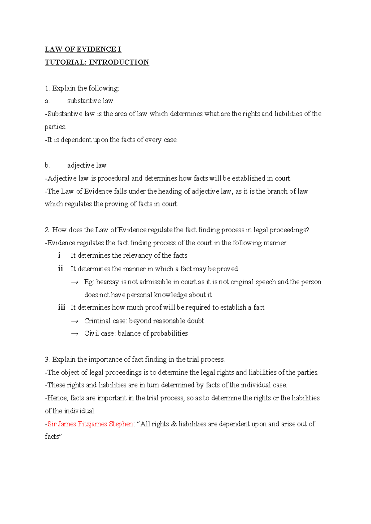 Done Tutorial 1 Week 2 Answers Law Of Evidence I Tutorial Introduction Explain The