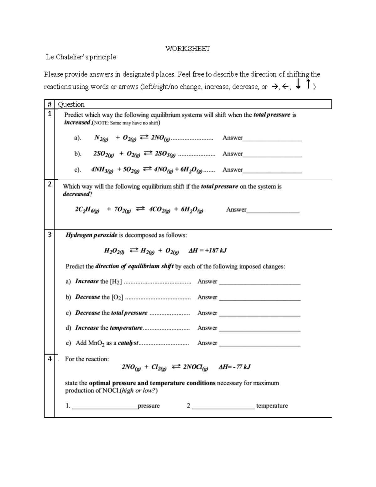 WEEK 8 - Worksheet- questions LE Chatelier principle - CHM 1025C ...