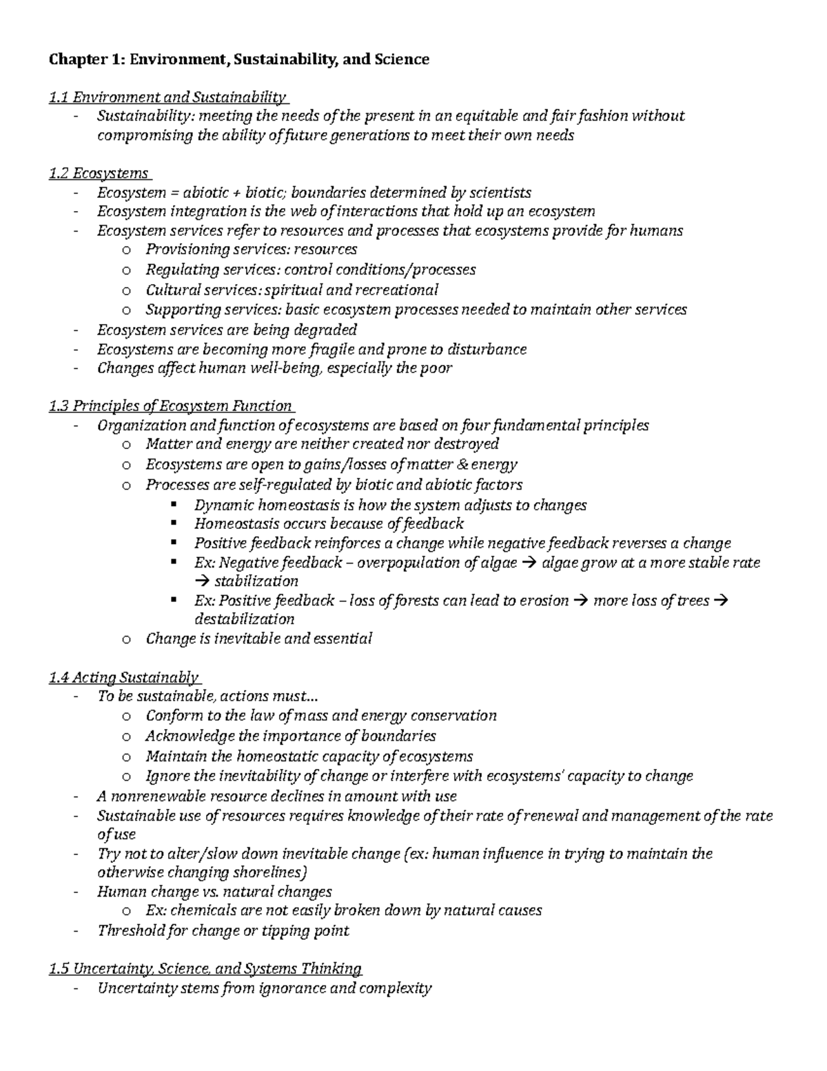 Chapter 1 (textbook) All - Chapter 1: Environment, Sustainability, and ...