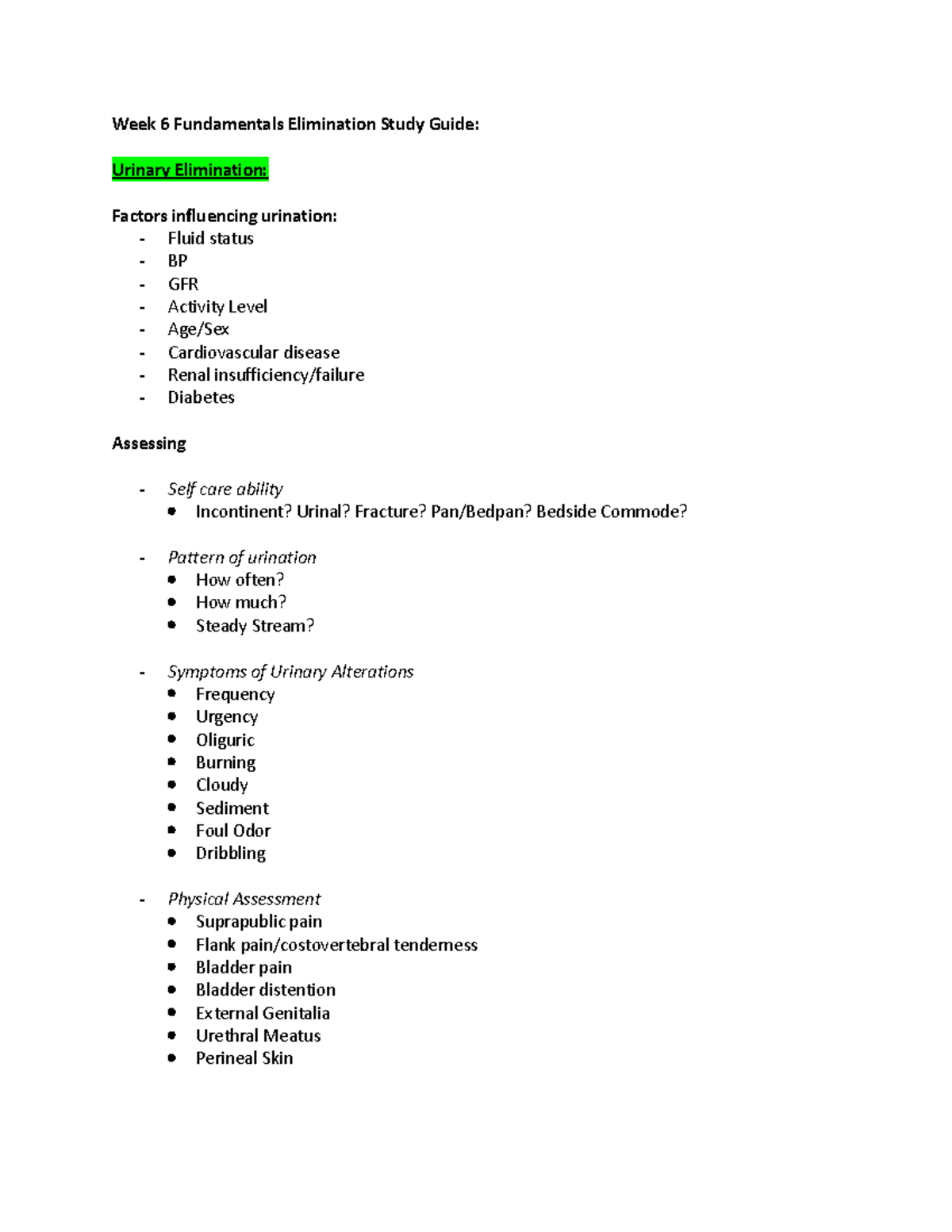 Week 6 Study Guide- Elimination - Week 6 Fundamentals Elimination Study ...