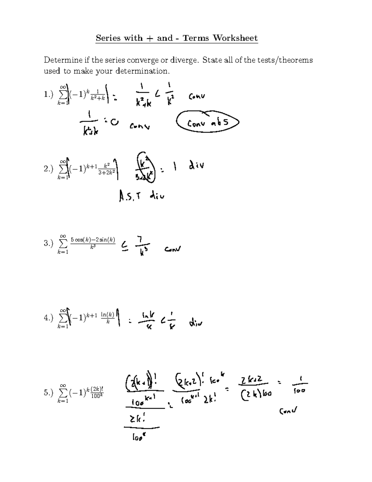 Positive and Negative Series Worksheet - Series with + and - Terms ...