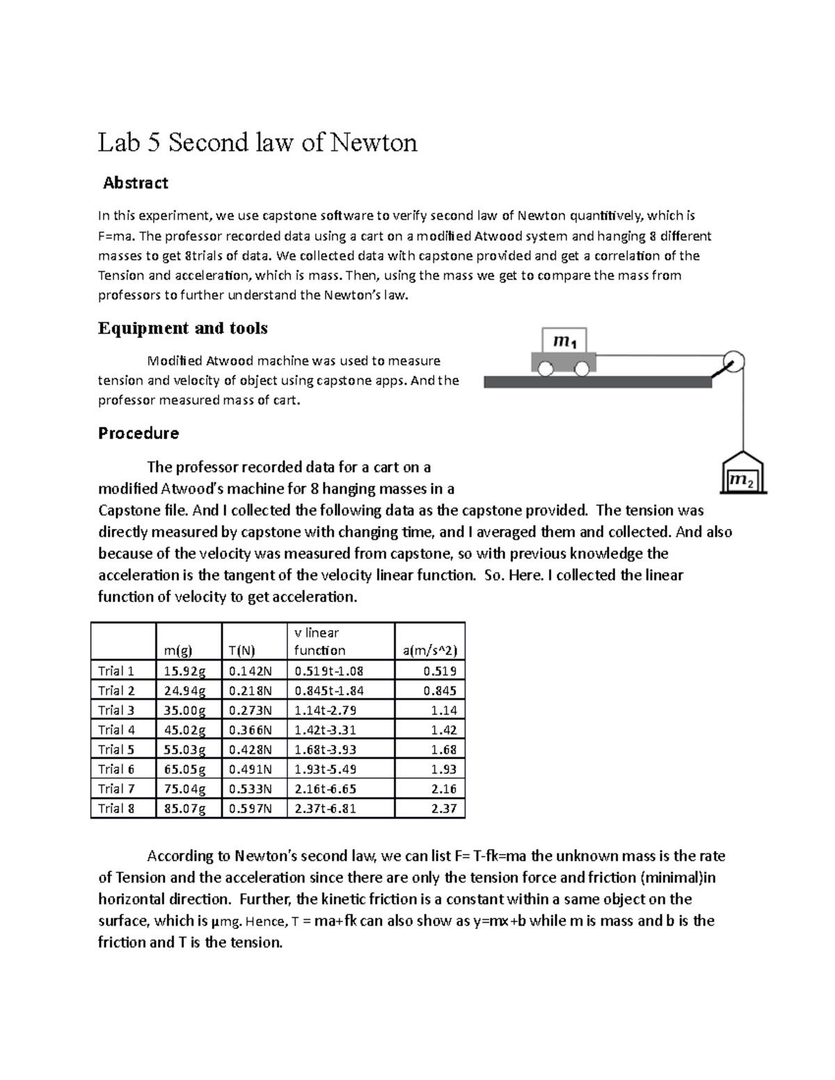 Lab5 - physic lab - Lab 5 Second law of Newton Abstract In this ...
