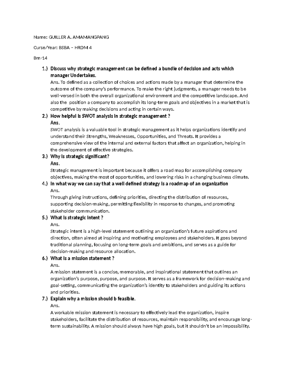 Bm 14 Assessment Task Htrj7j Name Guiller A Amamangpang Curse Year Bsba Hrdm 4 Bm 1