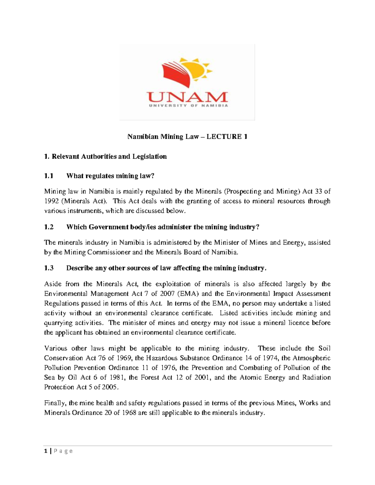 Namibian Mining Law-1 - Relevant Authorities and Legislation 1 What ...