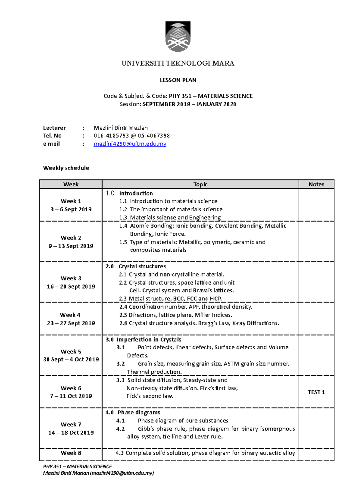 Lesson Plan PHY351 SEPT2019 - JAN2020 - UNIVERSITI TEKNOLOGI MARA ...