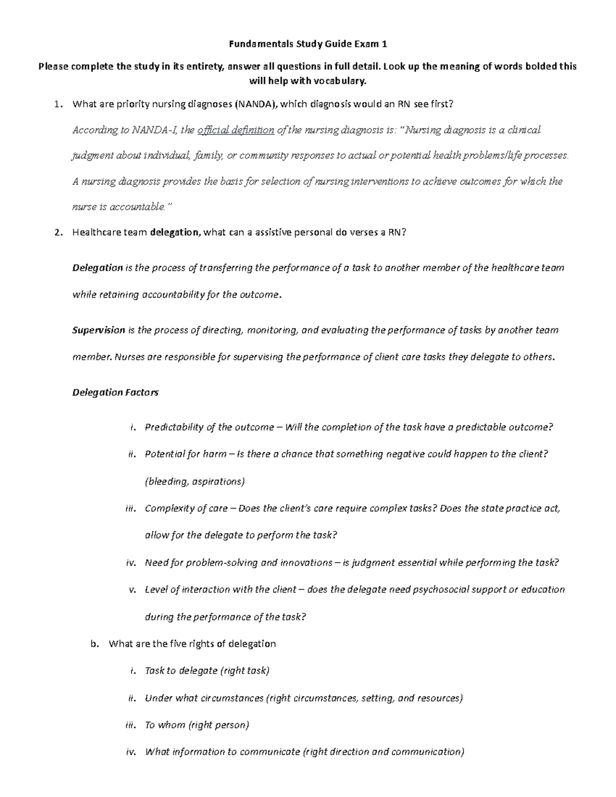 NUR215 - Nursing Fundamental - Study Guide 1 - Fundamentals Study Guide ...