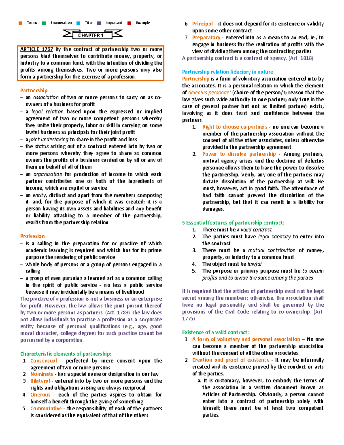 Pdfcoffee - STUDY MATERIAL - Terms Enumeration Title Important Example CHAPTER 1 ARTICLE 1767 By ...