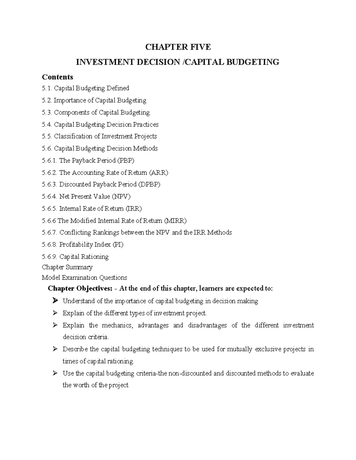 Chapter FIVE - CHAPTER FIVE INVESTMENT DECISION /CAPITAL BUDGETING ...
