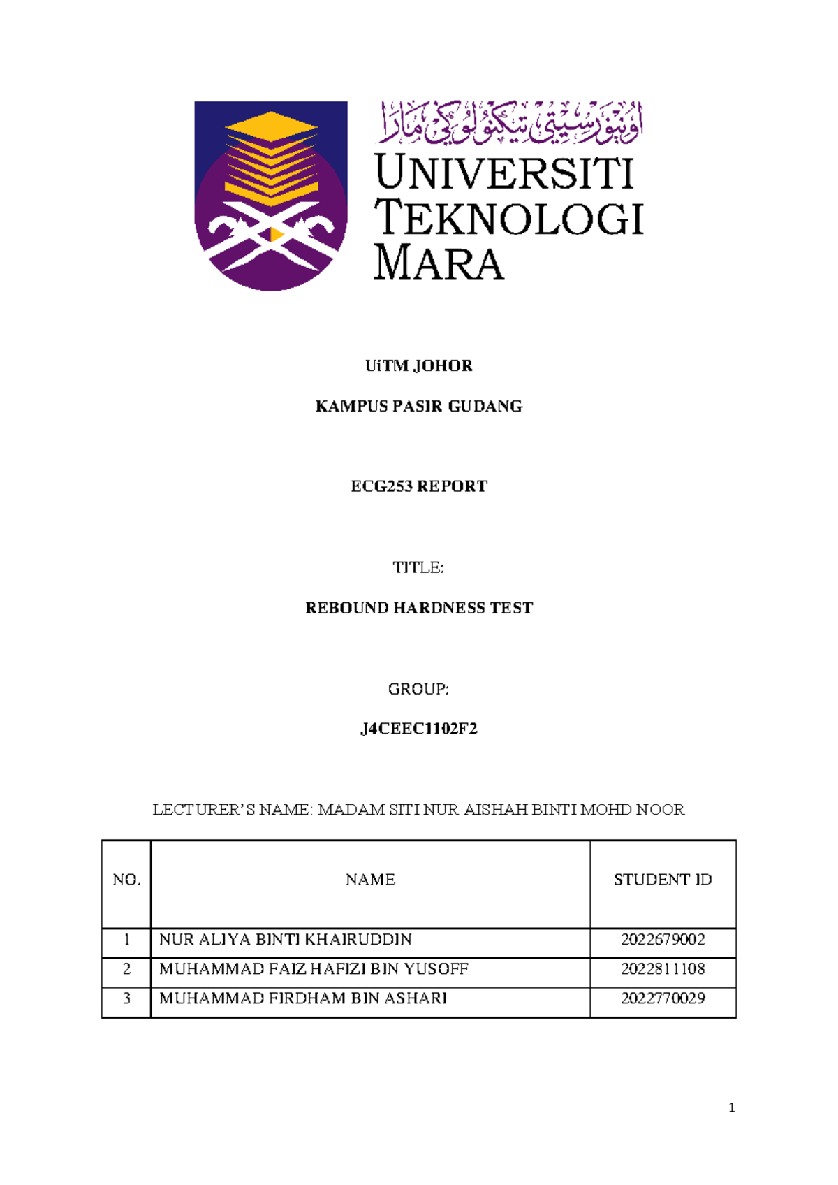 LAB Report ECG253 Rebound Hardness TEST - UiTM JOHOR KAMPUS PASIR ...