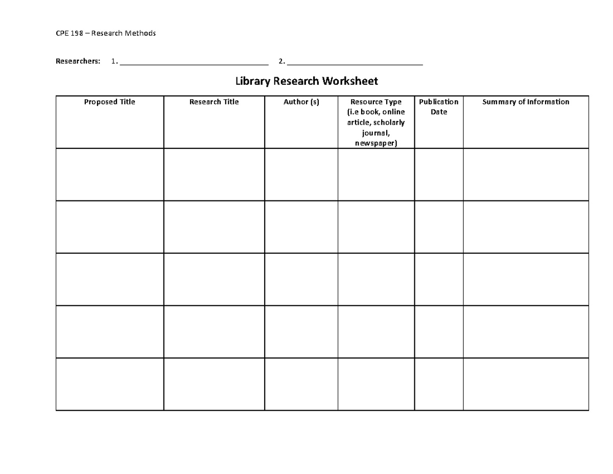 Library Research Worksheet - Research Methods - CPE 198 – Research ...