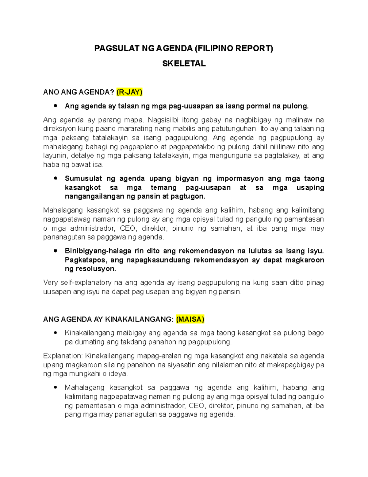 Pagsulat NG Agenda - PAGSULAT NG AGENDA (FILIPINO REPORT) SKELETAL ANO ...