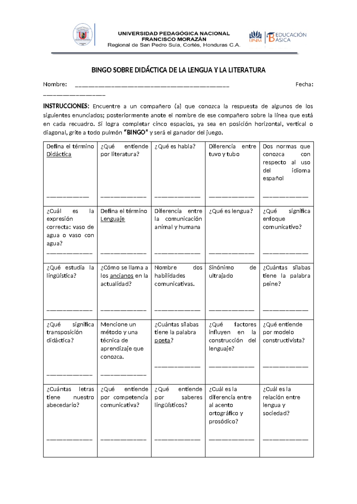 1 Diagnóstico-Bingo - Bingo de saberes - BINGO SOBRE DIDÁCTICA DE LA ...