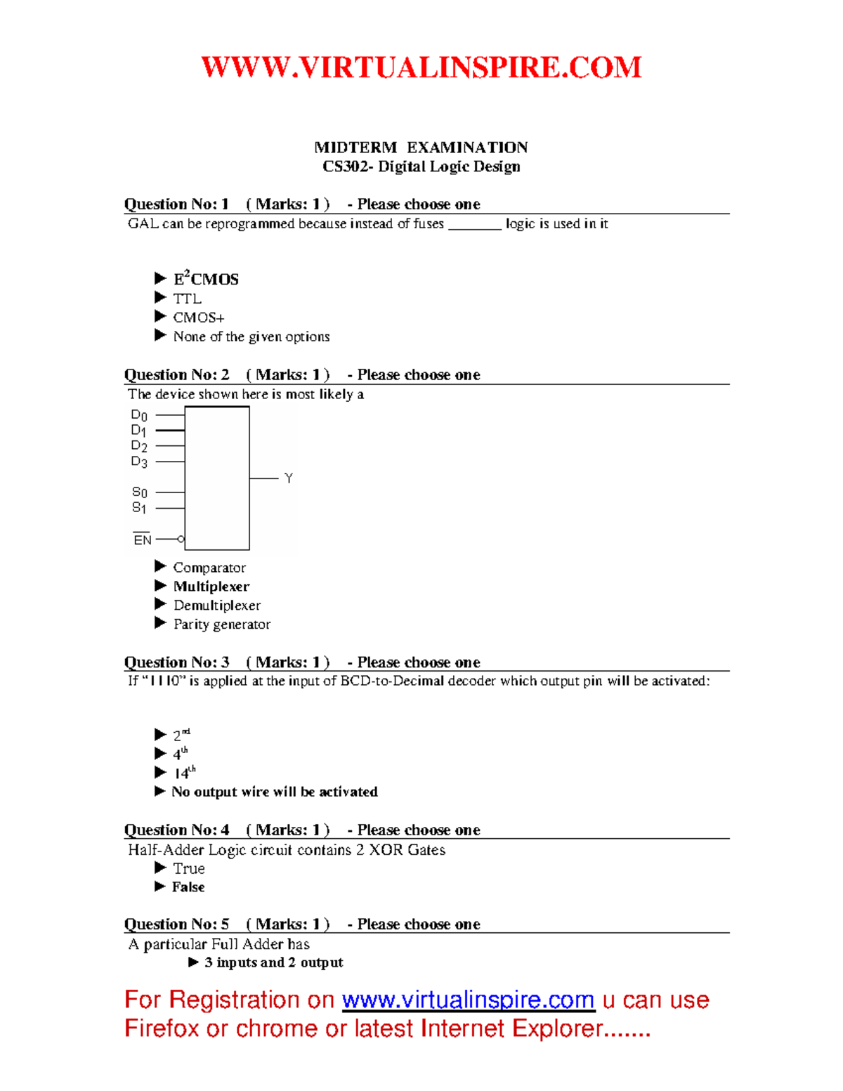 Cs302-Mid Term Paper Solved 5 - For Registration on virtualinspire u can use MIDTERM EXAMINATION ...
