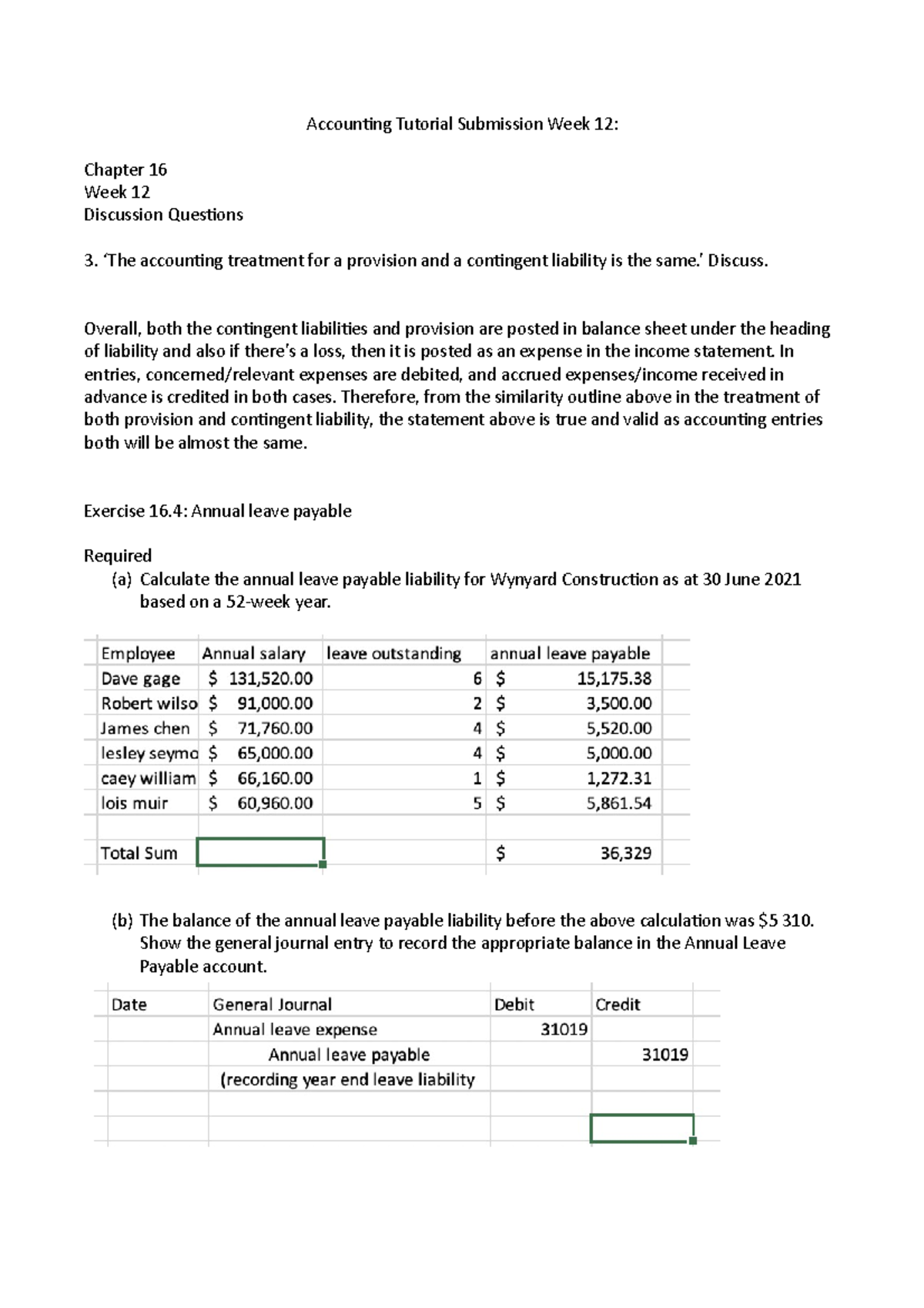 Week 12 Accounting Tutorial Submission - Accounting Tutorial Submission Week 12: Chapter 16 Week ...
