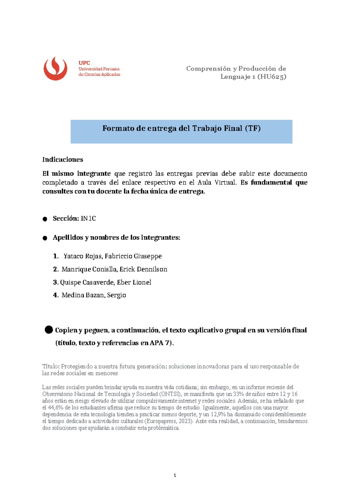 TF Grupo 4 IN1C - trabajo final de cpl. se saco 20 - Comprensión y Producción de Lenguaje 1 ...
