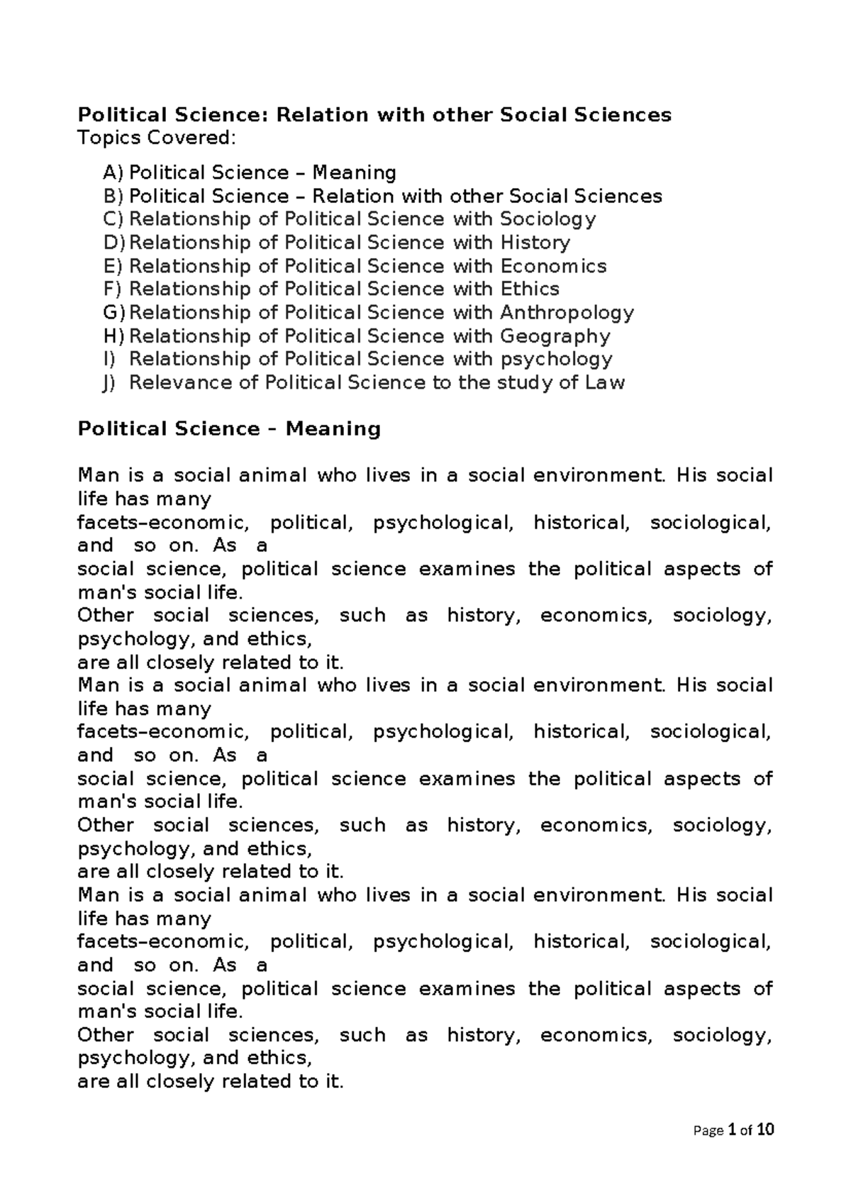 Unit 1 - Part II - Pol Science - Political Science: Relation with other ...