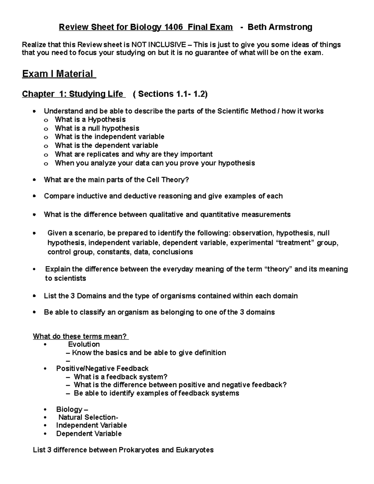 Review for Final Exam Blinn 1406 - Review Sheet for Biology 1406 Final ...