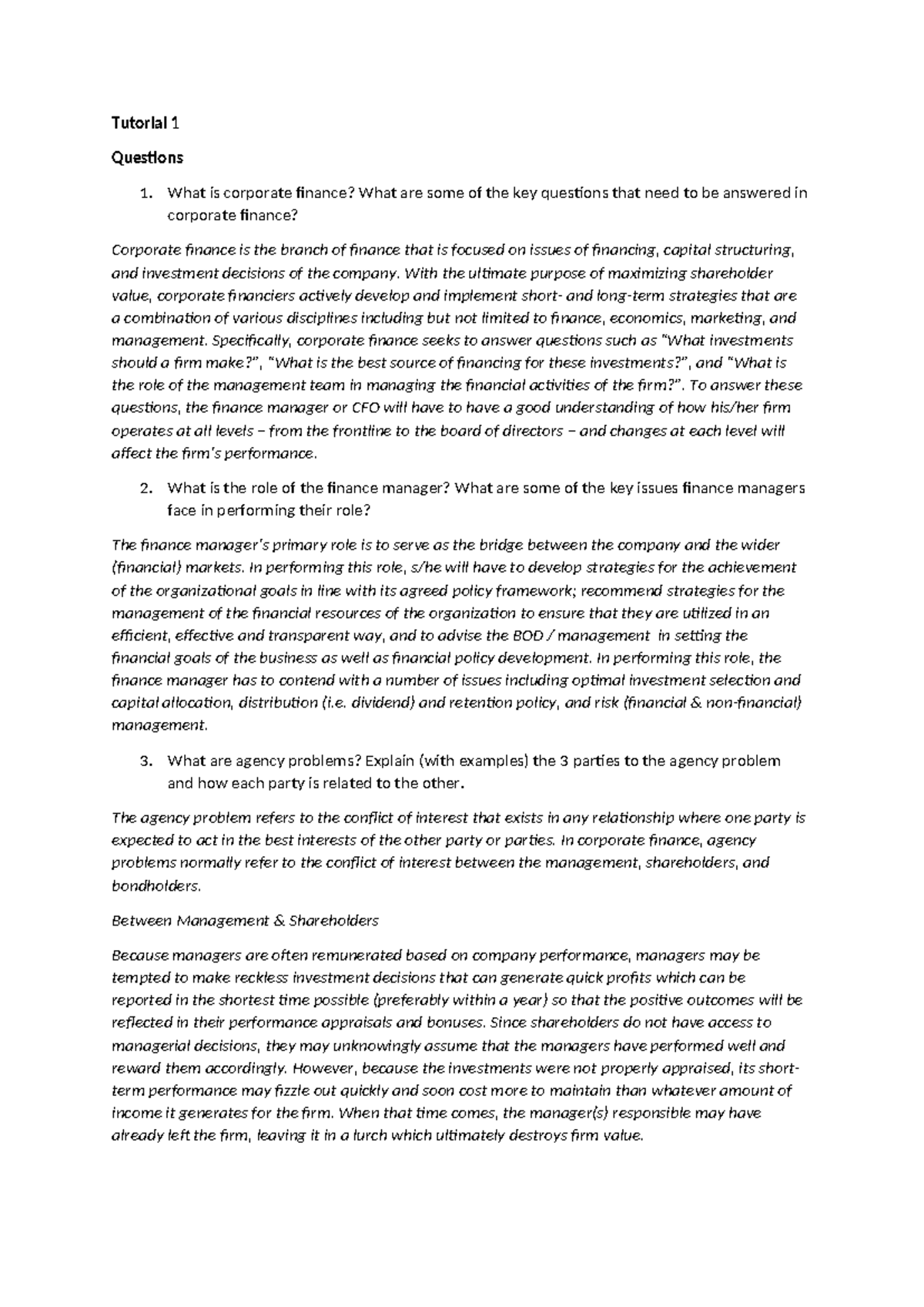 Tutorial 1 Answers Tutorial 5 Questions TUTORIAL Questions AND ANSWERS Tutorial 5 Questions ...