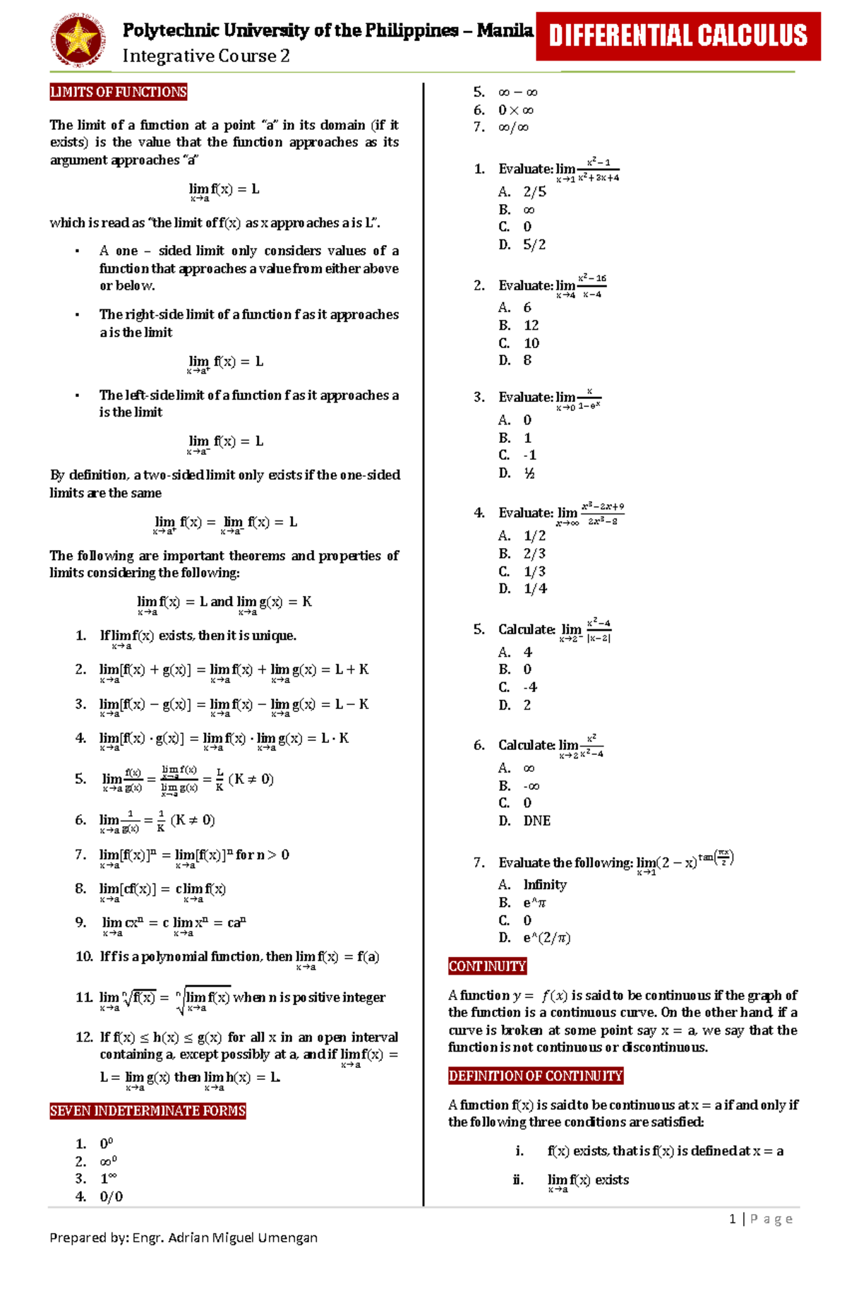 FM01 - Differential Calculus - 1 | P a g e Integrative Course 2 ...