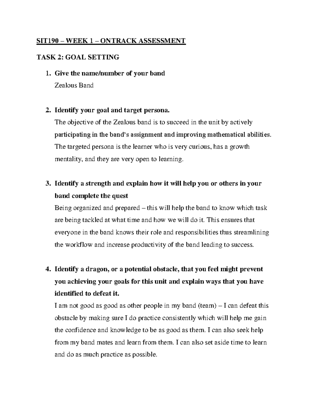 SIT190 - ertyu - SIT190 – WEEK 1 – ONTRACK ASSESSMENT TASK 2: GOAL ...